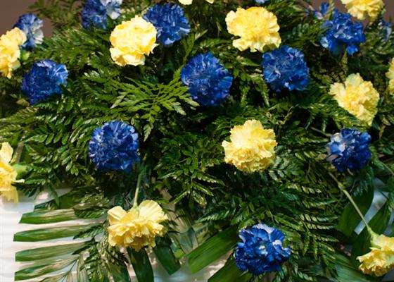 Carnation Custom Casket Spray - Maize n Blue